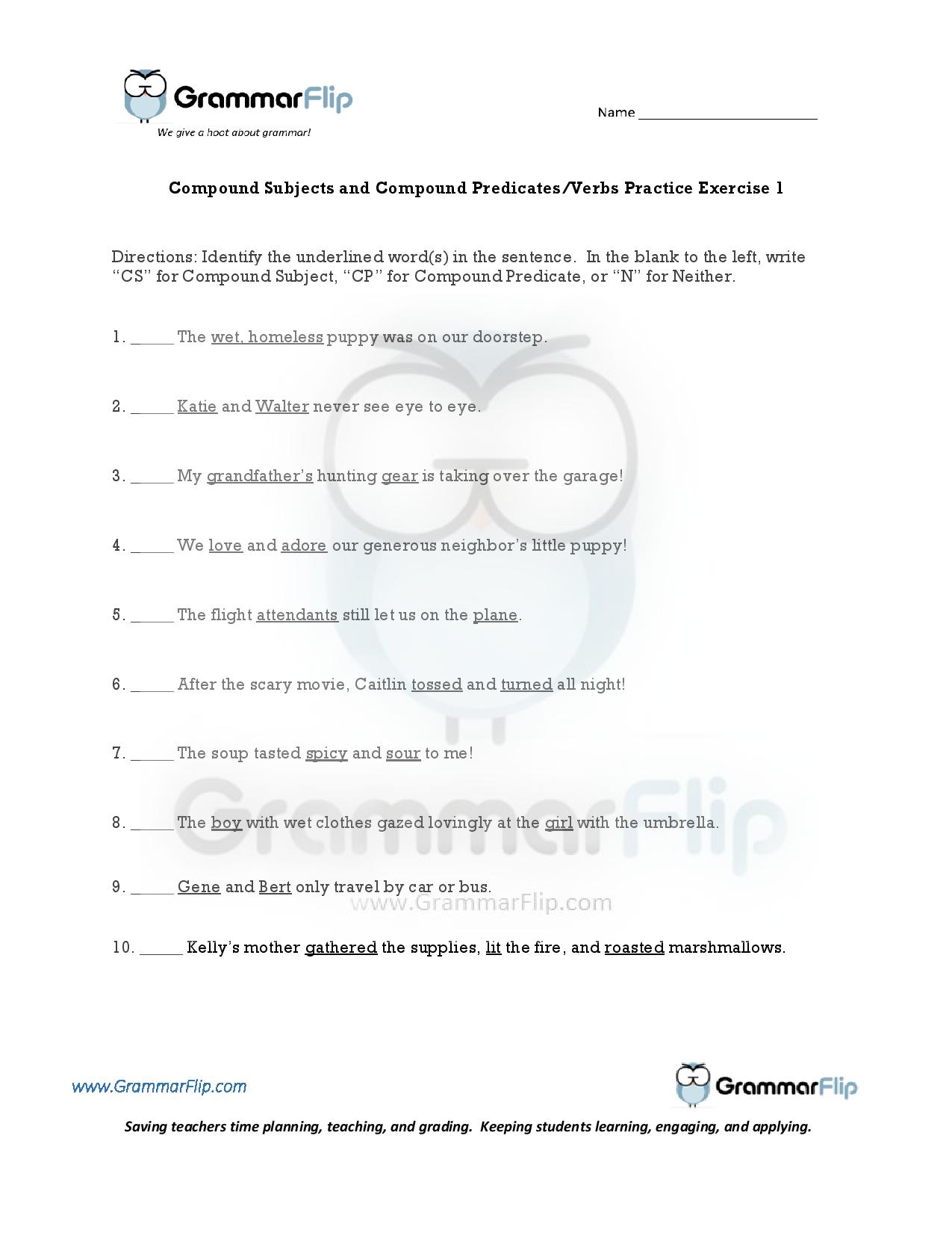 Compound Subjects And Compound Predicates Free Worksheet